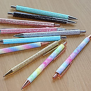 6 PCS Ballpoint Pens, Glitter Rose Gold Click Ball Pens, Metal Retractable Pen, Black Ink Medium Point 1mm, Gifts and Office Supplies