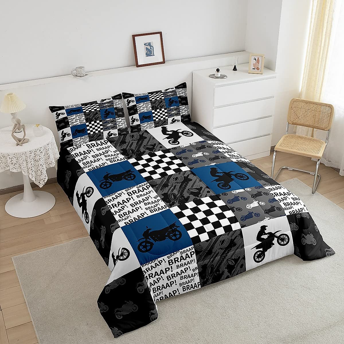 Castle Fairy,Dirt Bike Comforter Set Twin Size Black Grey Blue Motocross Rider Bedding Set Kids Boys Teens Men Racing Themed Patchwork Grid Quilt Set Fashion Motorcycle Silhouette Duvet Insert 2pcs