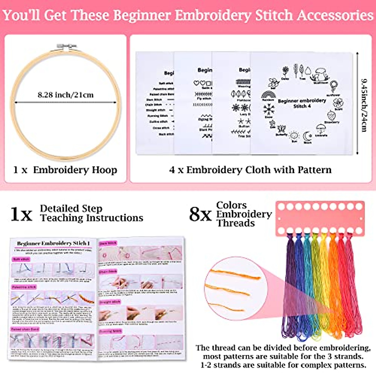4 Sets Beginners Embroidery Stitch Practice kit, Embroidery Starter kit for Craft Lover with 30 Different Stitches,Embroidery Skill Practice Kit Include 4 Embroidery Cloth with Pattern Embroidery Hoop