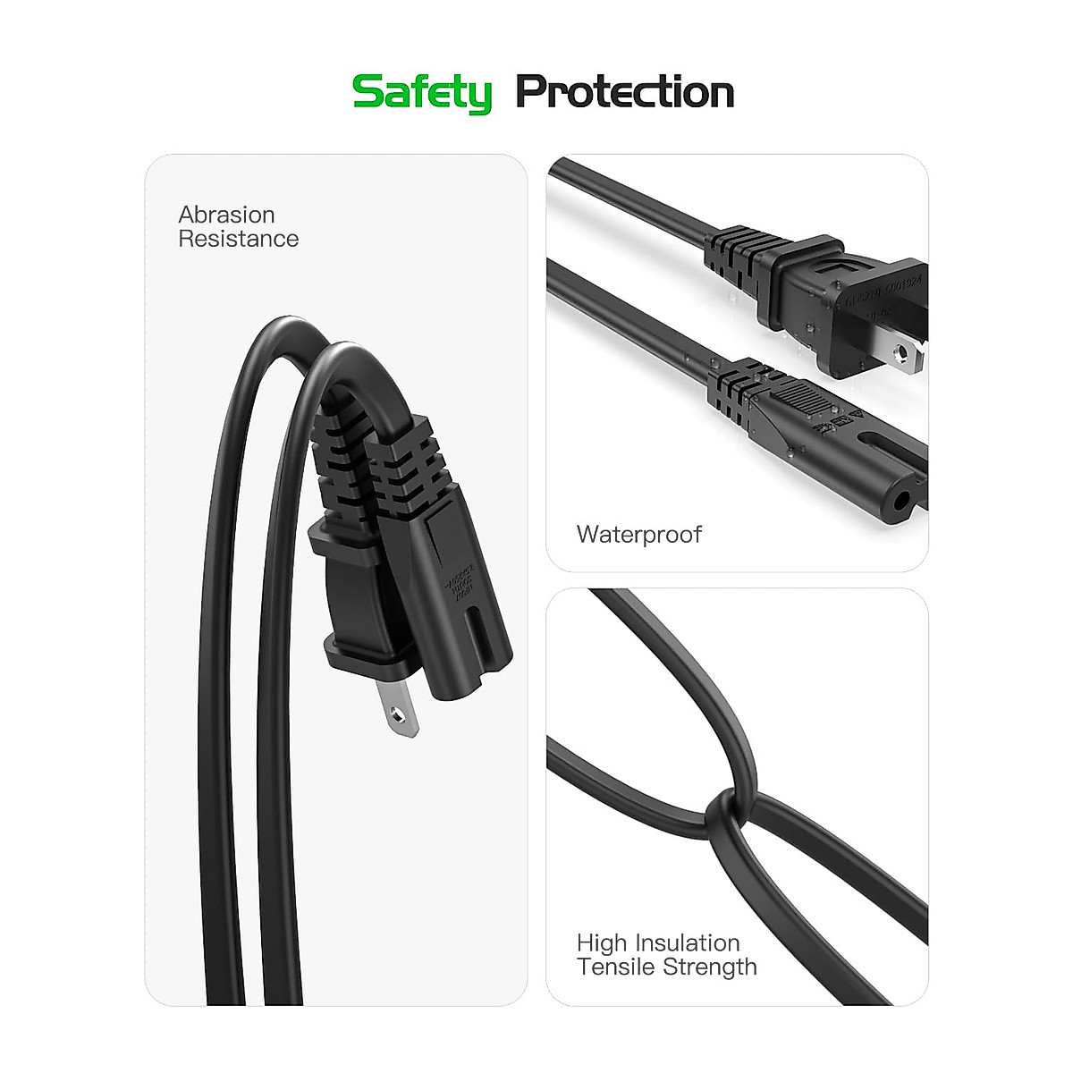 2 Prong TV Power Cord Cable Replacement for LG TCL Samsung Insignia Sony Sharp JVC Toshiba Hisense Roku LCD LED Smart HD TV