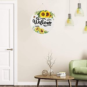 Autonomier Sunflower Welcome Sign for Front Door 12 Inch Sunflower Front Porch Decor Farmhouse Rustic Round Wooden Hanging Sign with Artificial Sunflower and Eucalyptus Leaves for Home Garden (White)