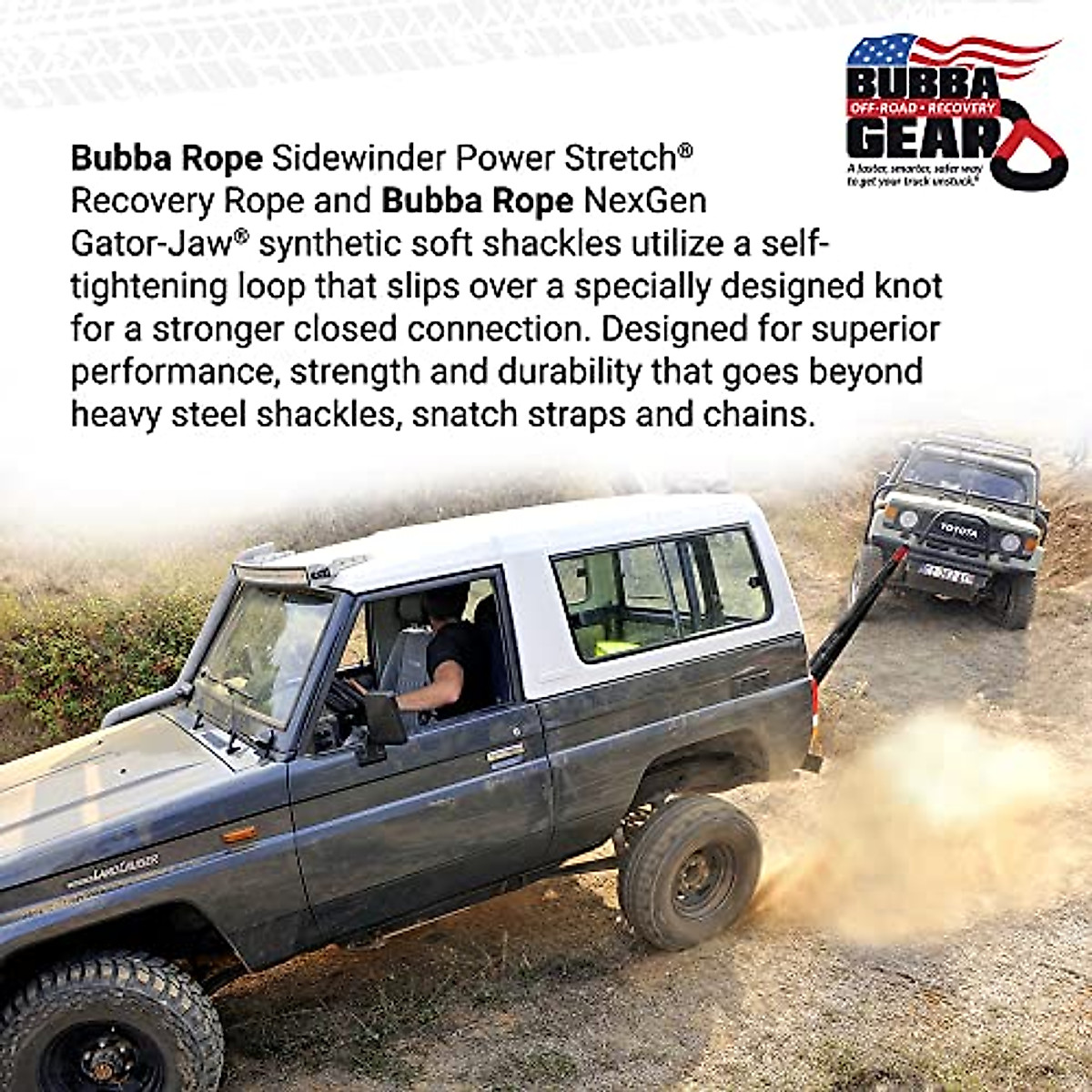 Bubba Rope Off-Road Truck Recovery Gear Set – Heavy-Duty Vehicle Tow Kit: Power Stretch Recovery Rope, 7/8” x 20’ - NexGen PRO Gator-Jaw Synthetic Shackles, 3/8” x 6.5” - Blue