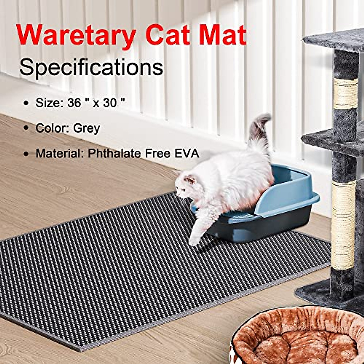Waretary Cat Litter Mat 36"x 30", Kitty Pretty Litter Box Trapping Mat, Extra Large XL Honeycomb Double Scatter Control Layer Mat, Urine & Waterproof, Washable, Easy Clean, Phthalate Free (Grey)(1 Side Connected)