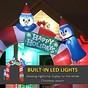 Outsunny 8ft Christmas Inflatables Outdoor Decorations Candy Cane Archway with Three Penguins and Gift Boxes, Blow-Up LED Yard Christmas Decor for Lawn Garden