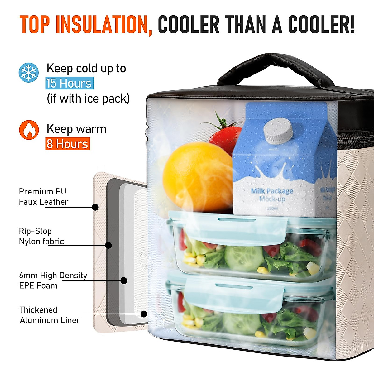 ADDIMOR Lunch Bag for Women Men - Cute Leather Luxurious Lunch Tote Bags Reusable Insulated Lunch Box Large Capacity Reusable Insulated Cooler for Work Picnic or Travel