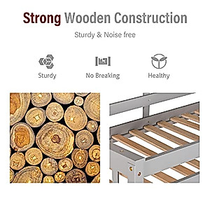 Merax Wood Loft Bed with Desk : Twin Size Loft Bed with 4-Storage Shelves and Under Bed Desk Solid Wood Bed, Grey