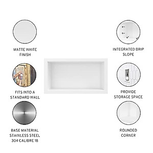 Odass | Shower Niche | 12" X 6" | NO Tile Needed ­| Rectangular Stainless Steel #304 Niche | Matt White Recessed Single Shelf Organizer | Bathroom Storage for Shampoo Bottle