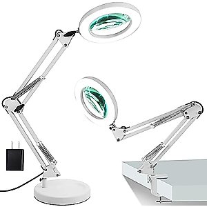 Qsky Magnifying Glass with Light and Stand, 10X Magnifying Lamp, 2-in-1 Desk Lamp with Clamp,3 Color Modes & Stepless Dimmable, LED Lighted Magnifier for Reading, Crafts, Repair, Close Work (White)