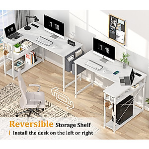 Mr IRONSTONE L Shaped Desk with Outlets & USB Ports, Reversible 47 Inch Office Desk, Corner Desk for Small Space, Home Office Desk with Storage Bag & Hook, White