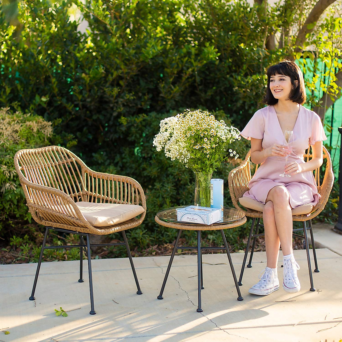 Barton 3pcs Outdoor Bistro Chat Set Patio Conversation Wicker Chairs Glass Table with Seat Cushions, Beige