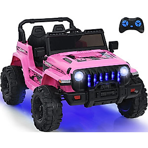 INFANS Ride on Car Truck with 2.4G Remote Control, 12V Battery Powered Electric Cars for Kids w/3 Speeds, Battery Display, LED Lights, Safety Belt, Music & Horn, Bluetooth/FM/USB (Pink)