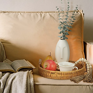 8 Pcs Boho Farmhouse Coffee Table Tray Set 11 Inch Wicker Rattan Serving Tray with Handles Round Rattan Tray Basket Wood Bead Garland with Tassels 6 Artificial Eucalyptus Leaves for Home Fall Decor