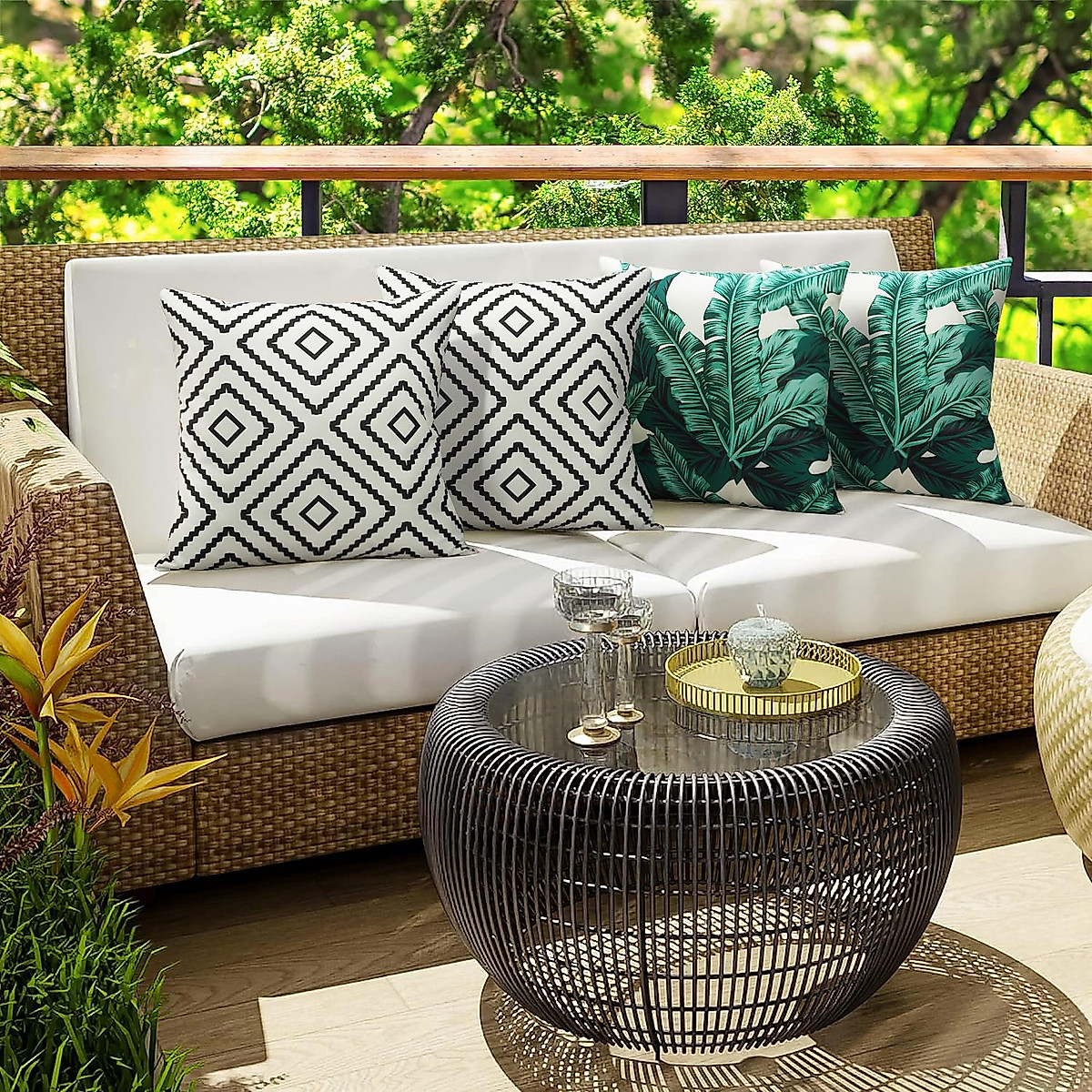 Merrycolor Outdoor Throw Pillow Covers 18x18 Waterproof Pillow Cover Green Leaves Geometric Pattern Square Cushion Covers Patio Pillow Cases Outdoor Pillows for Patio Furniture, Pack of 4