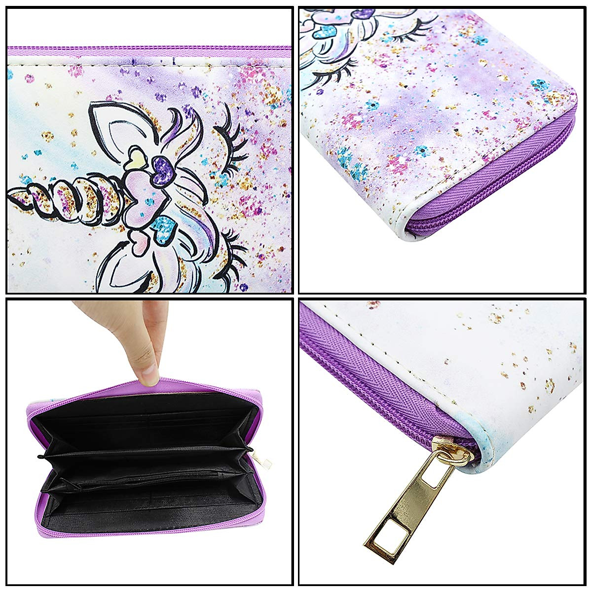 Suillty Cute Unicorn PU Leather Zip Around Long Wallet Cluth Travel Purse for Women Gilrs Ladies