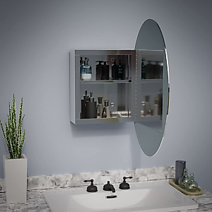Renovators Supply Manufacturing Oval Wall Mounted Medicine Cabinet Brushed Stainless Steel Bathroom Storage Cabinet with Mirror 26" x 18" Hanging Double Shelf for Medicines or Accessories