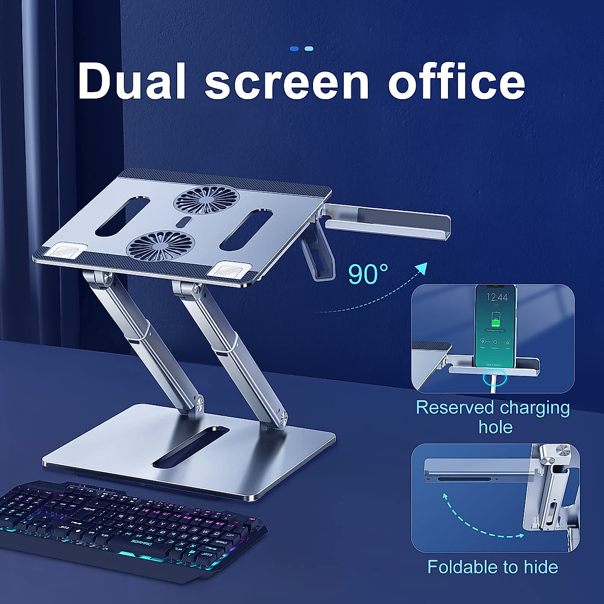 bifine Laptop Stand with Fan, Cooling Stand Adjustable Height with Phone Holder, Ergonomic Metel Laptop Riser for Desk, Suitbale for 11"-17.3" Laptops Tablets