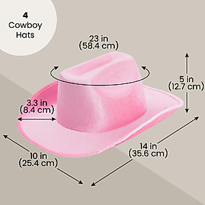 Zodaca 4-Pack Pink Felt Cowboy Hats - Bulk Pack of Cowboy Hats for Women, Girls, Men, Birthday, Party, Bachelorette (Adult Size)