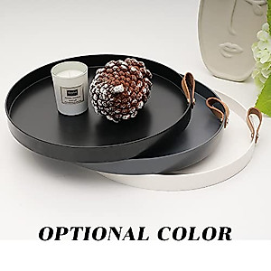 Tynulox Plastic Serving Tray with Leather Handle, Round, Black,10.2x10.2x1 Inch, 1 Pcs