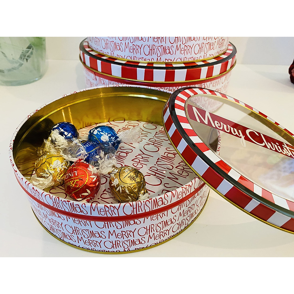 hadaaya Pack of 3 Round Nesting Tins with Clear Lids, Festive Holiday Cookie Tins for Treats & Gifts, Multipurpose Storage Container for Cookies, Snacks & More - Featuring Merry Christmas Text On Lid