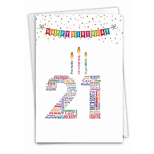 NobleWorks - 21st Happy Birthday Card Milestone - Fun Bday Celebration Notecard with Envelope, 21 Year Old Congrats - Word Cloud 21 C9406MBG