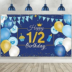 1/2 Birthday Decoration Backdrop Blue and Gold Half Birthday Banner 6 Months Happy Birthday Background Half Birthday Party Supplies Photo Booth Props for Photography (3.6 x 6 Feet)
