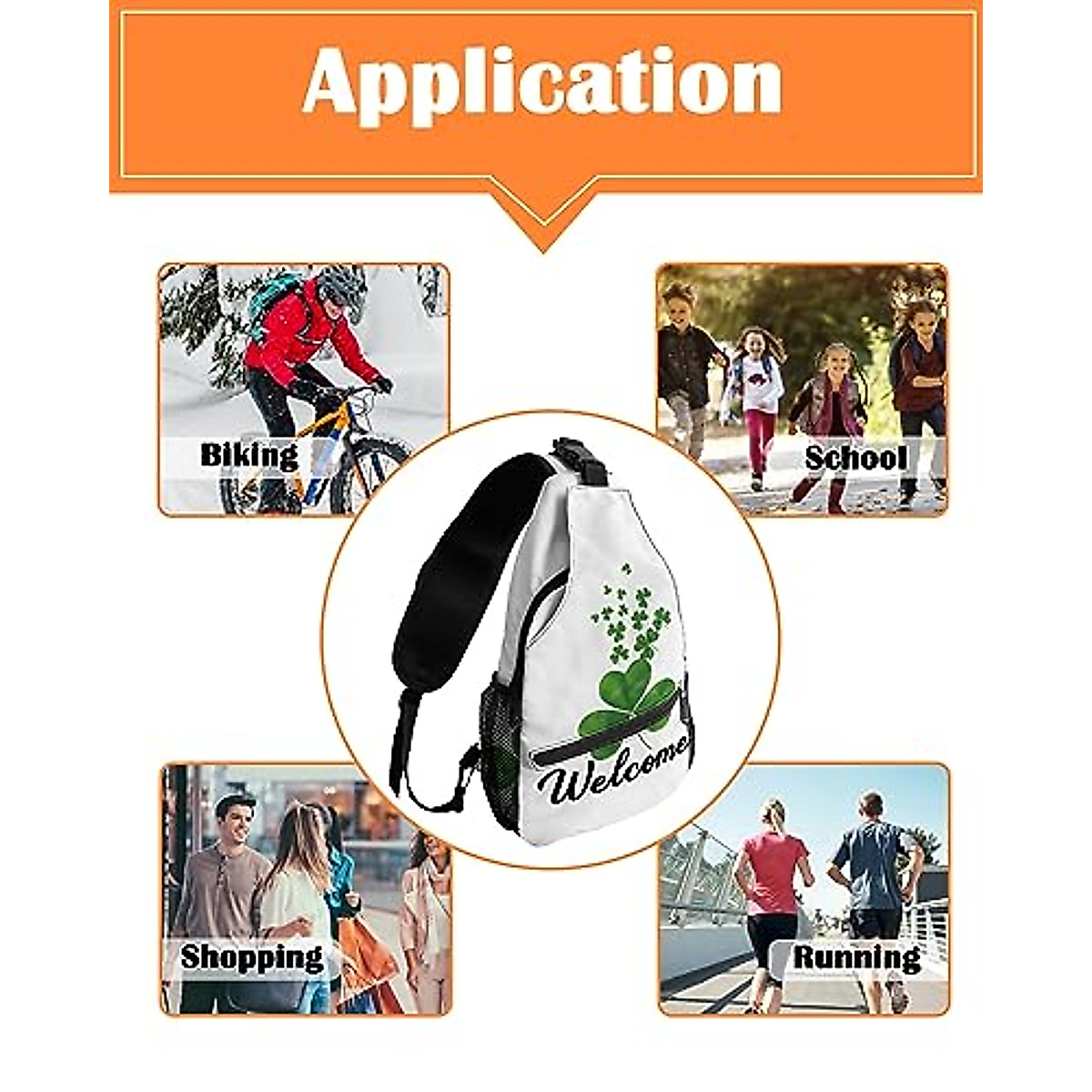 Sling Backpack, St. Patrick's Day Green Clover Waterproof Lightweight Small Sling Bag, Travel Chest Bag Crossbody Shoulder Bag Hiking Daypack for Women Men