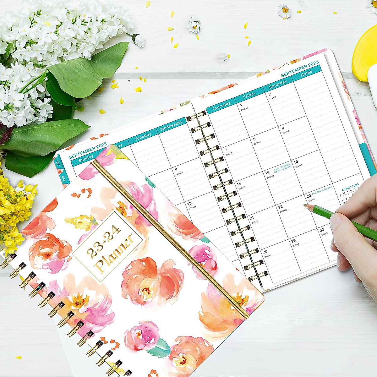 Ymumuda 2023 Planner, Weekly Monthly Planner 2023, 12-Month School Planner from JAN.2023 to DEC.2023, 8.4" X 6", Spiral Planner Notebook with Stickers, Elastic Closure, Inner Pocket, Coated Tabs, Watercolor Floral
