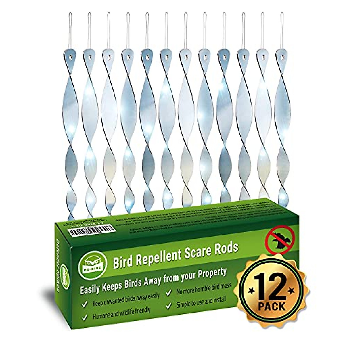 De-Bird Bundle Includes: Defender Spikes 12 pk & Bird Scare Rods 12pk, Outdoor Pest Defenders to Keep Off Pigeon, Woodpecker & Squirrels.