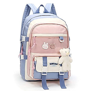 Phaoullzon Kawaii Backpack for School Aesthetic Bookbag Cute Anime Backpacks for Girls with Pins and Pendant, Blue