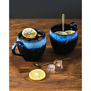 glowworm 16 oz Coffee Mugs, Ceramic Coffee Cups with Spoon, Large Coffee Mugs for Men/Women, Coffee Cups for Latte, Cocoa, Office, Home, Microwave & Dishwasher Safe, Set of 2, Black