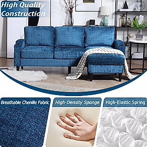 YiMiYom 77" Convertible Sectional Sofa, Small L Shaped Sofa Couch with Storage Ottoman, Cup Holder and Magazine Bags, Chenille Fabric 3 Seat Sofa for Living Room, Apartment, Bedroom, Small Space, Blue