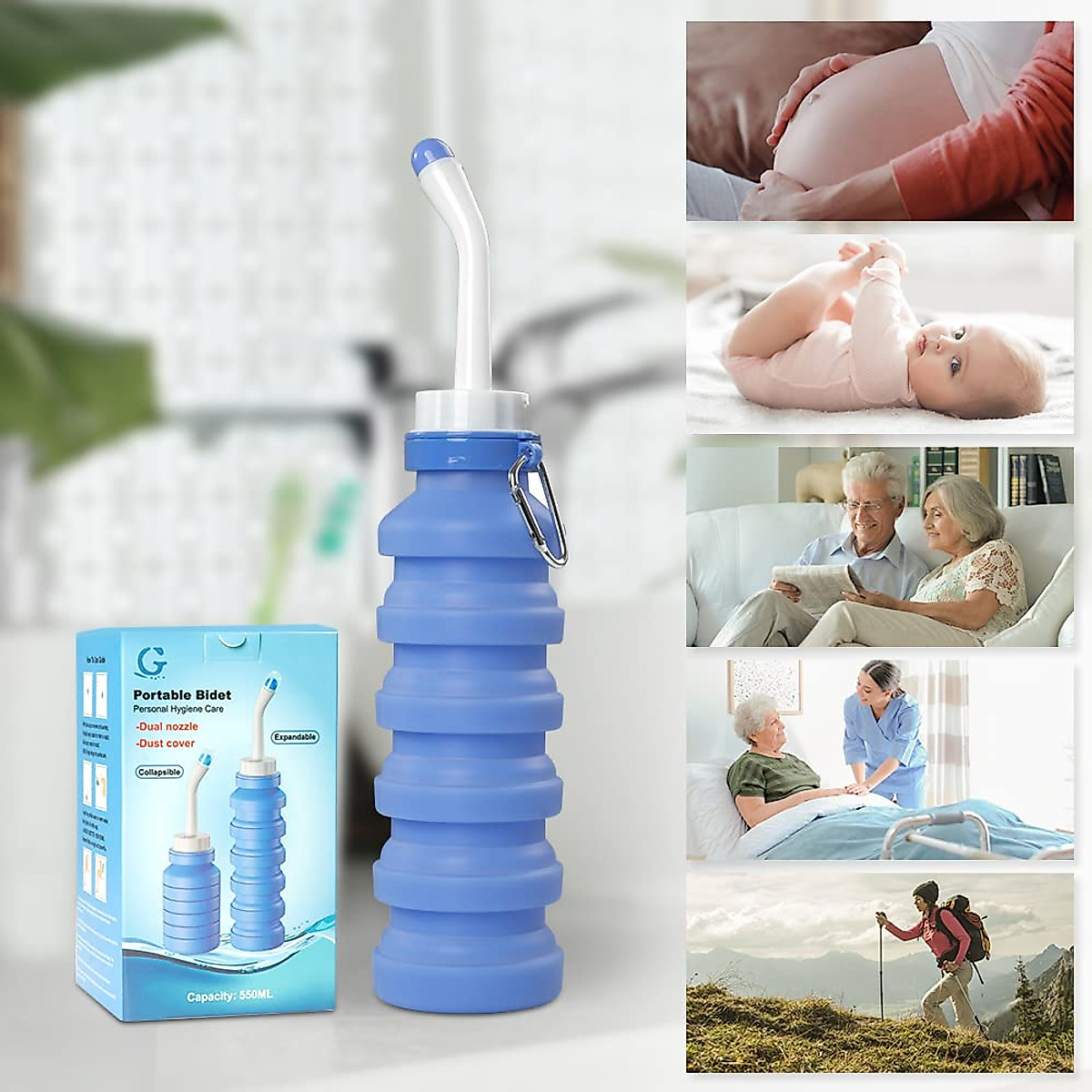 Glavarow Portable Travel Bidet Collapsible & Expandable Handheld Personal Bidet 550ml Perineal Bottle for Postpartum Care/Personal Hygiene Cleaning(Blue)