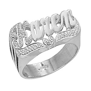 Personalized Silver name ring custom letter finger size mom, sister, prom party. Name plate rings. gift for friends, kids. initial ring. white rhodium or yellow plated SNS112 (sterling-silver, 7)