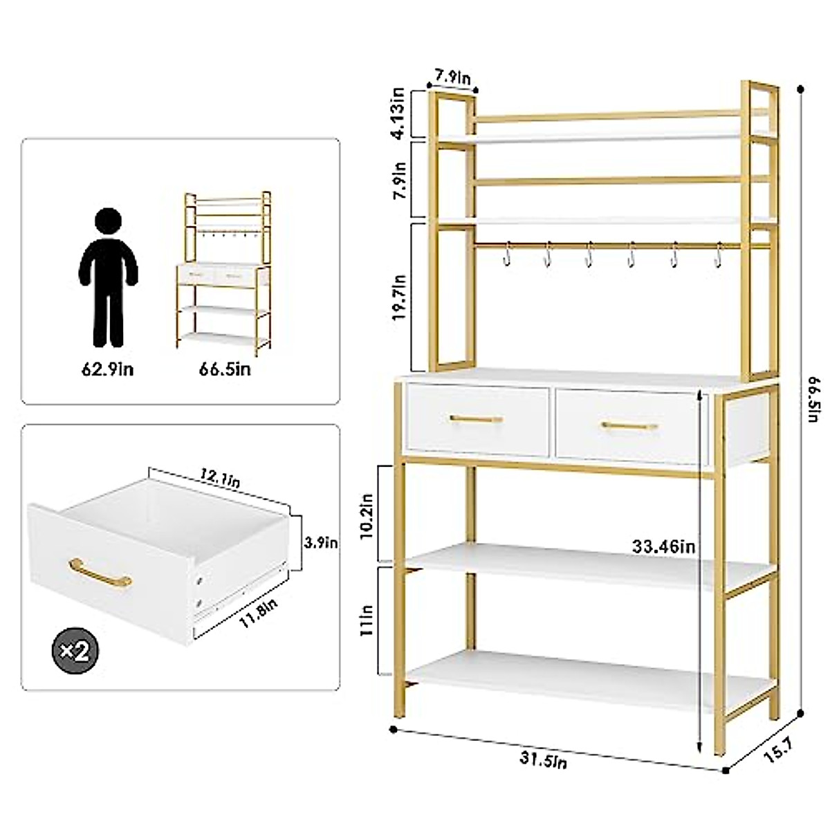 HITHOS Industrial 5-Tier Kitchen Bakers Rack with 2 Drawers, Microwave Oven Stand with Storage Shelves and Hutch, Kitchen Shelf with Storage, Coffee Bar for Living Room, Home Office, Gold White