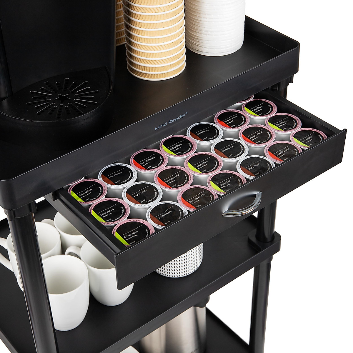 Mind Reader All Purpose Rolling Cart, Printer Cart, Utility Cart, Kitchen Cart, Coffee Cart, Microwave Cart, Bathroom Cart, 3 Tier, Black with Free Condiment Organizer