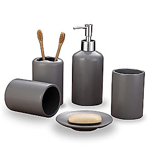 Ceramic Bathroom Accessories Set 5 Pieces, Grey Bathroom Accessory Set Complete, Lotion Dispenser Toothbrush Holder 2 Tumblers Soap Dish Classic Grey Matte for Bath Countertop Organizer Decor, SAIURE