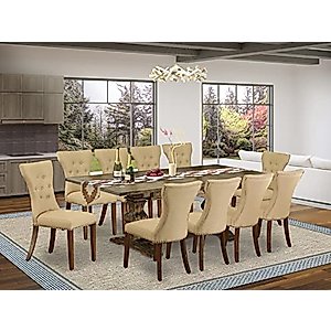 East West Furniture LAGA11-78-03 11 Piece Dining Table Set Includes a Rectangle Dining Room Table with Butterfly Leaf and 10 Brown Linen Fabric Upholstered Chairs, 42x92 Inch, Jacobean