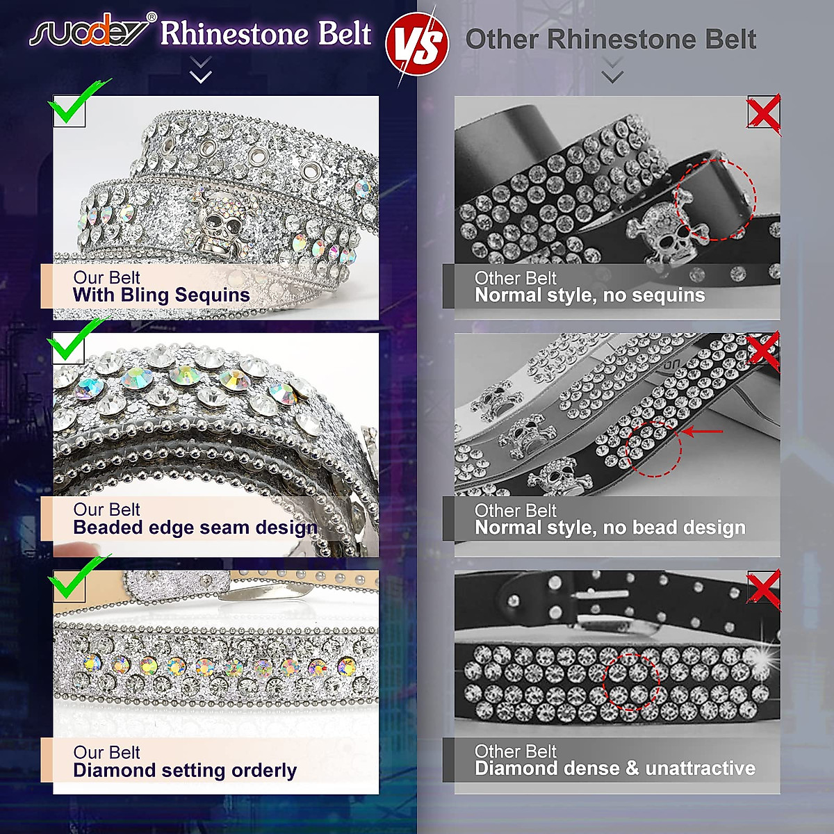 SUOSDEY Skull Rhinestone Belt for Men Women Sparkly Bling Diamond Sequin Studded Belt Western Cowgirl Cowboy Belt, Silver