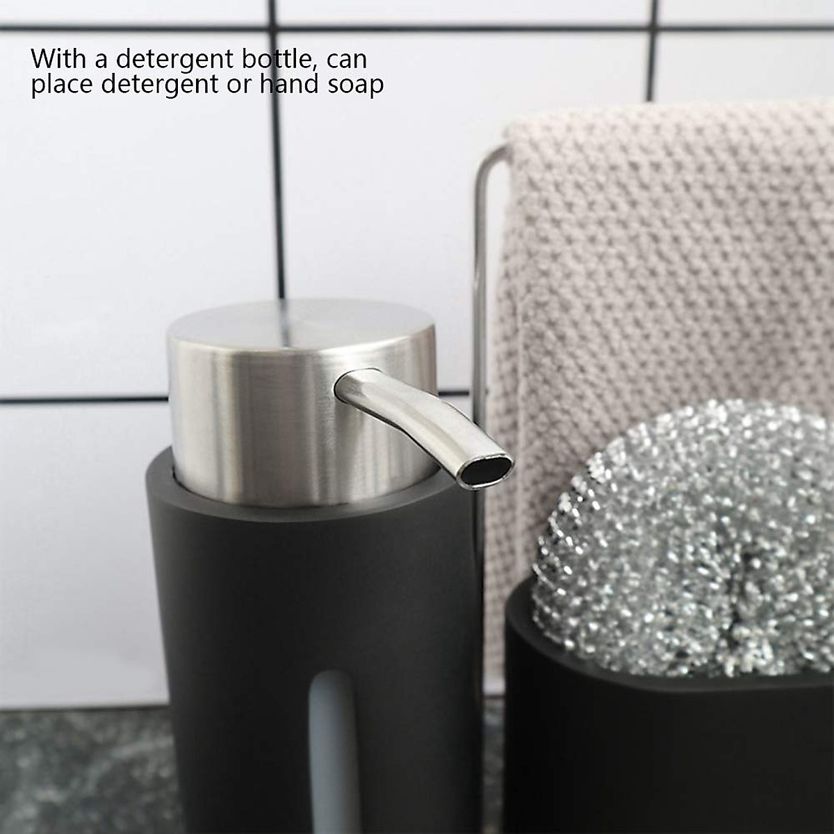 Kitchen Storage Rack with Detergent Dispenser, Steel Wire Ball and Brush Kitchen Sink Tableware Detergent Dispenser Container Dish Cloth Rag Storage Rack Black