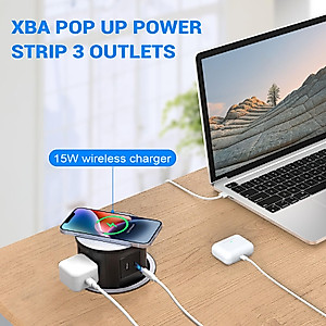 Pop Up Outlet Electrical Power Socket for Kitchen Countertop, Retractable Recessed Power Strip 4.7'' Hidden Outlet with 15W Wireless Charger 4 AC Plug 1 USB-A and 1 USB-C Port (Black)
