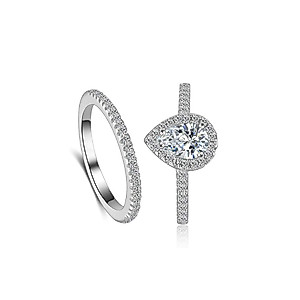 Classic Bridal Ring Set 0.75 Ct Pear Cut Teardrop Halo Ring Eternity Infinity Band Size 4-9 Half Sizes (Silver, 5.5)