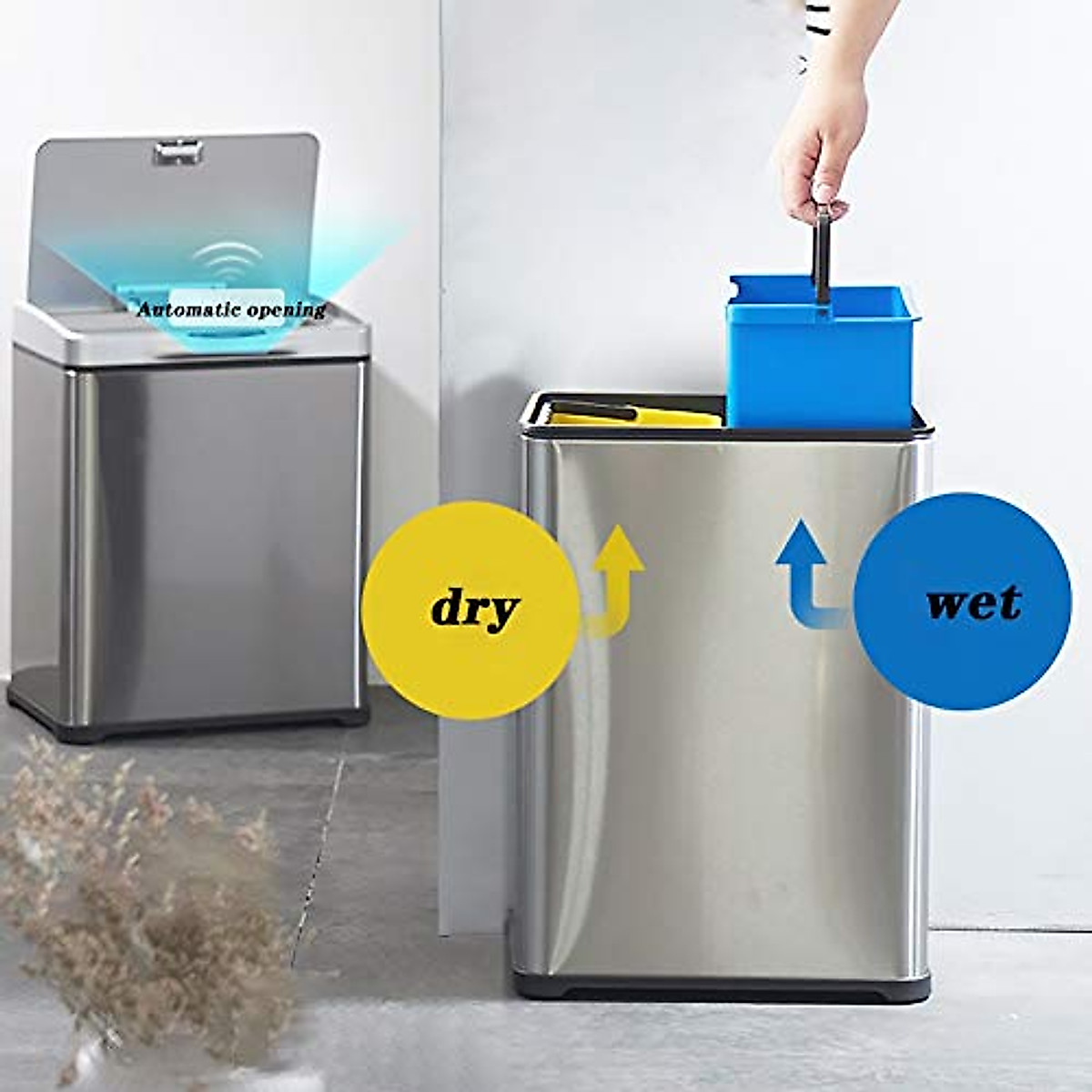 Kitchen Trash Can Metal Trash Can Stainless Steel Kitchen Intelligent Induction Automatic Classification Trash Can Household Double Barrel Kitchen Waste Dry and Wet Separation (Color : Gold)