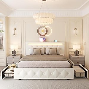 Forrise Bed Frame Queen Size with Storage Drawers and LED Light, 2 Sockets and 2 USB Ports, Adjustable Headboard with PU Leather Upholstered, No Box Spring Needed, Wooden Slats Support, White.