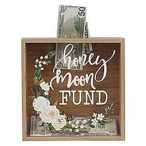 Hanna Roberts Honey Moon Fund and Card Rustic Wood Box with Mixed Floral Garland Design for Weddings, Birthdays, Graduations, Baby and Bridal Showers, 9.5" x 3" x 9.5", Honey Moon Fund