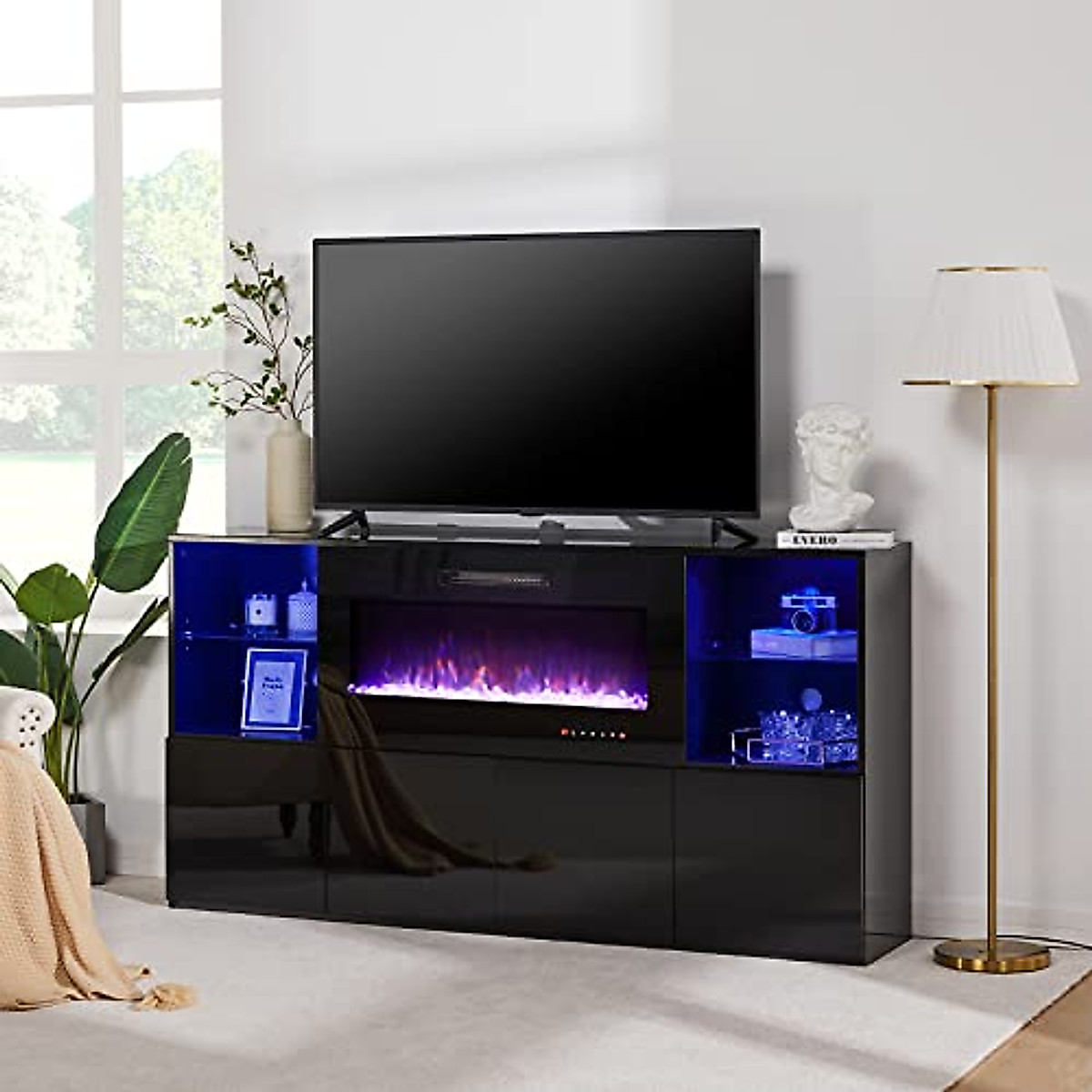AMERLIFE 68" TV Stand with 40" Electric Fireplace, Modern High Gloss Media Entertainment Center with LED Lights for TVs up to 78", TV Console Cabinet with Glass Shelves Lower Storage, Black
