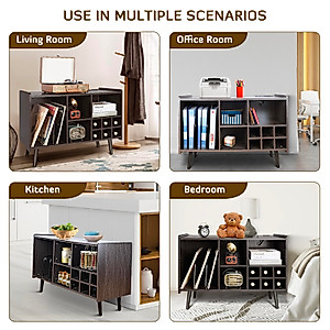 INFANZIA Vinyl Record Player Stand, Large Wooden Turntable Stand Holds Up to 200 Albums, Mid-Century Record Storage with Power Outlets, Record Organizer Cabinet for Living Room, Bedroom, Office