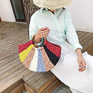 YYW Women Straw Bag,Colorful Hand-woven Rattan Tote Clutch Handle Bag Retro Summer Beach Tote Bags Wicker Bags