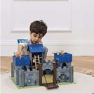 Le Toy Van - Castles Collection Wooden Toy Educational Excalibur Knights Castle | Kids Wooden Castle Playset Model Castle For Boys, Blue Excalibur Castle (TV235)