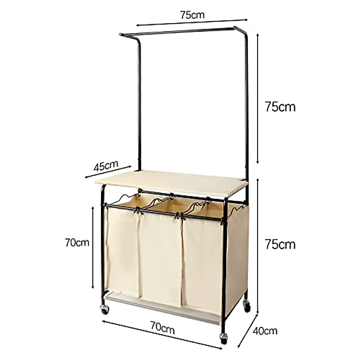 Rolling Laundry Sorter Cart with Wheels Heavy-Duty Laundry Hamper Sorter Cart with Ironing Board，3 Removable Bags, and Attached Steel Hanging Bar (Beige)