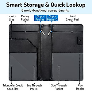 Server Book with 2 Zipper Pockets, Leather Server Books for Waitress, Waiter Book, Durable Waitress Book with Money Pocket and Zipper, Waiter Wallet Server Booklet Checkbook Fit Server Apron (Grass Green)